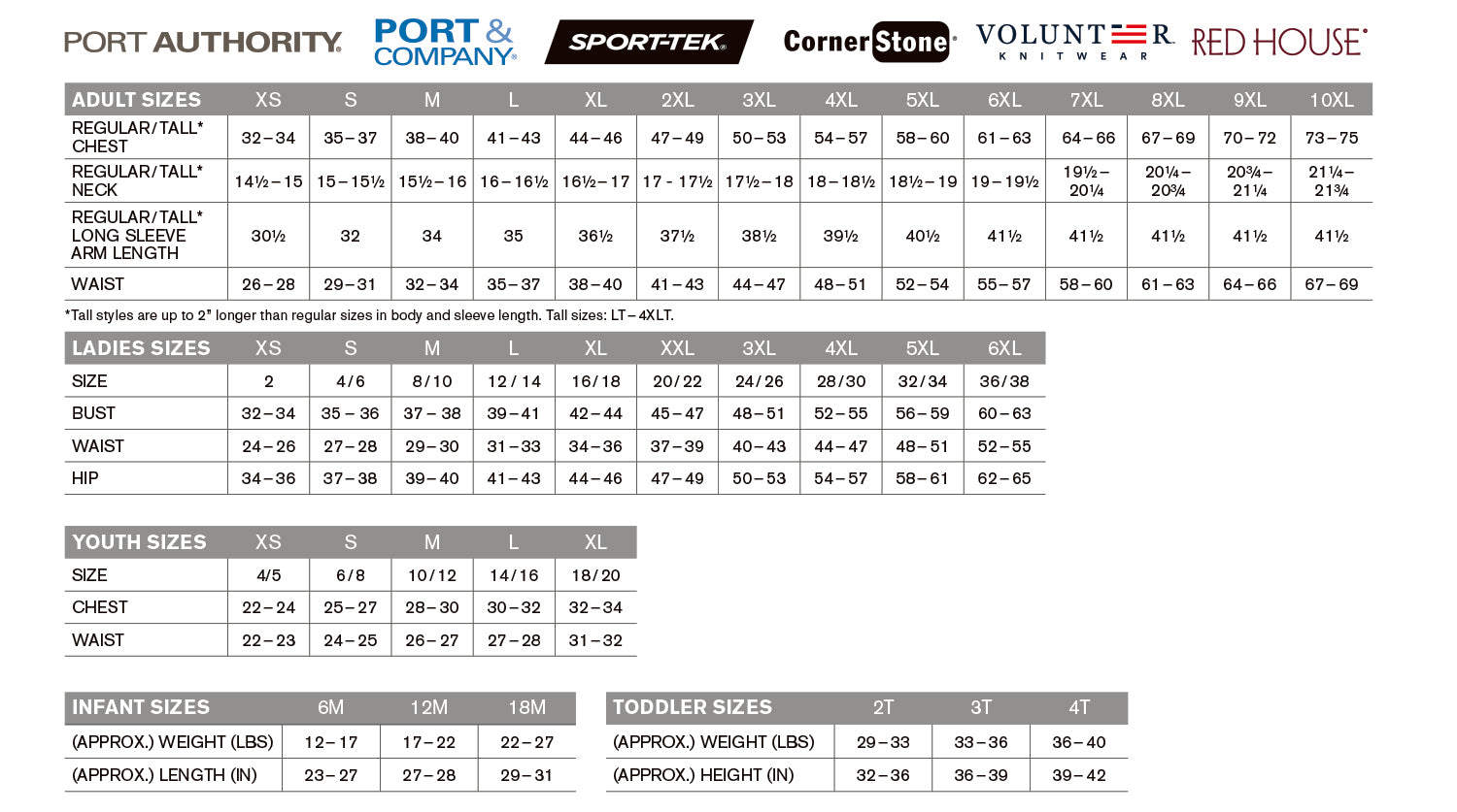 Port Authority Brands Size Charts – Med Threads