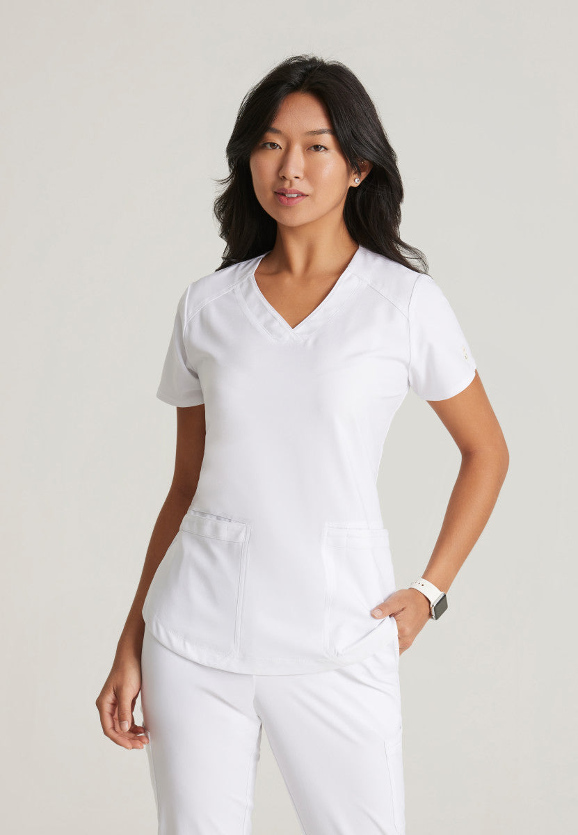 Greys Anatomy Evolve GSST180 Rhythm Scrub Top White by Barco – Med Threads